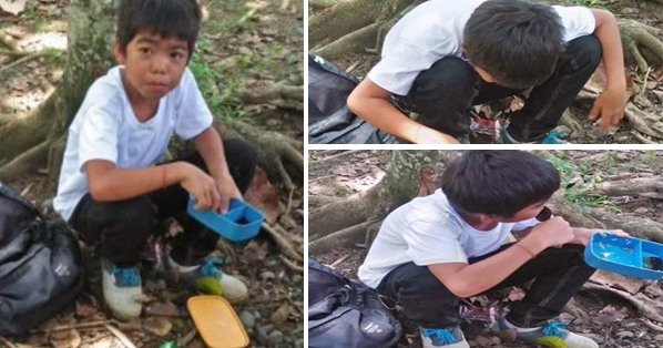 Nagtatago ang batang ito sa kaniyang mga kaklase habang kumakain ng kanin na may toyo at suka ...