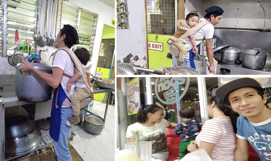 Ama, pasan-pasan sa kaniyang likuran ang kaniyang anak habang ...