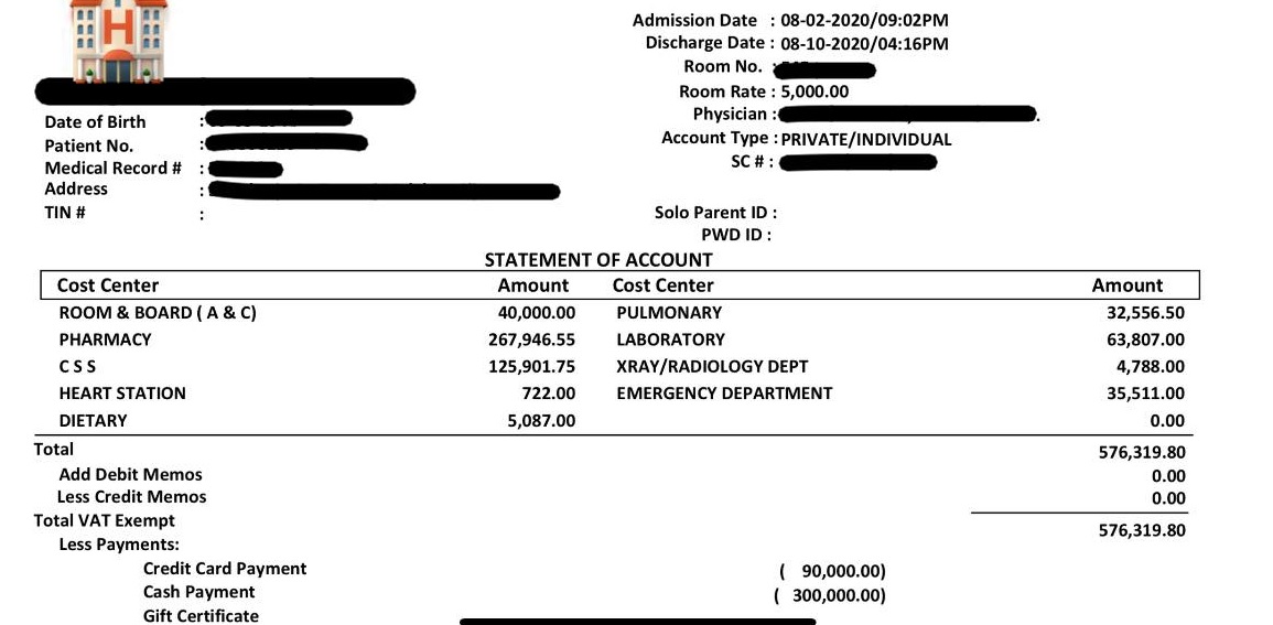 Hospital bill ng isang COVID-19 positive umabot ng halos Php576,000 ...